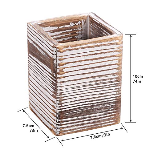 Homode Rustic Pen Holder, Wooden Pencil Holder for Desk, Decorative White Square Pen Cup Holder Organizer, Farmhouse Office Supplies and Home Desk Accessories