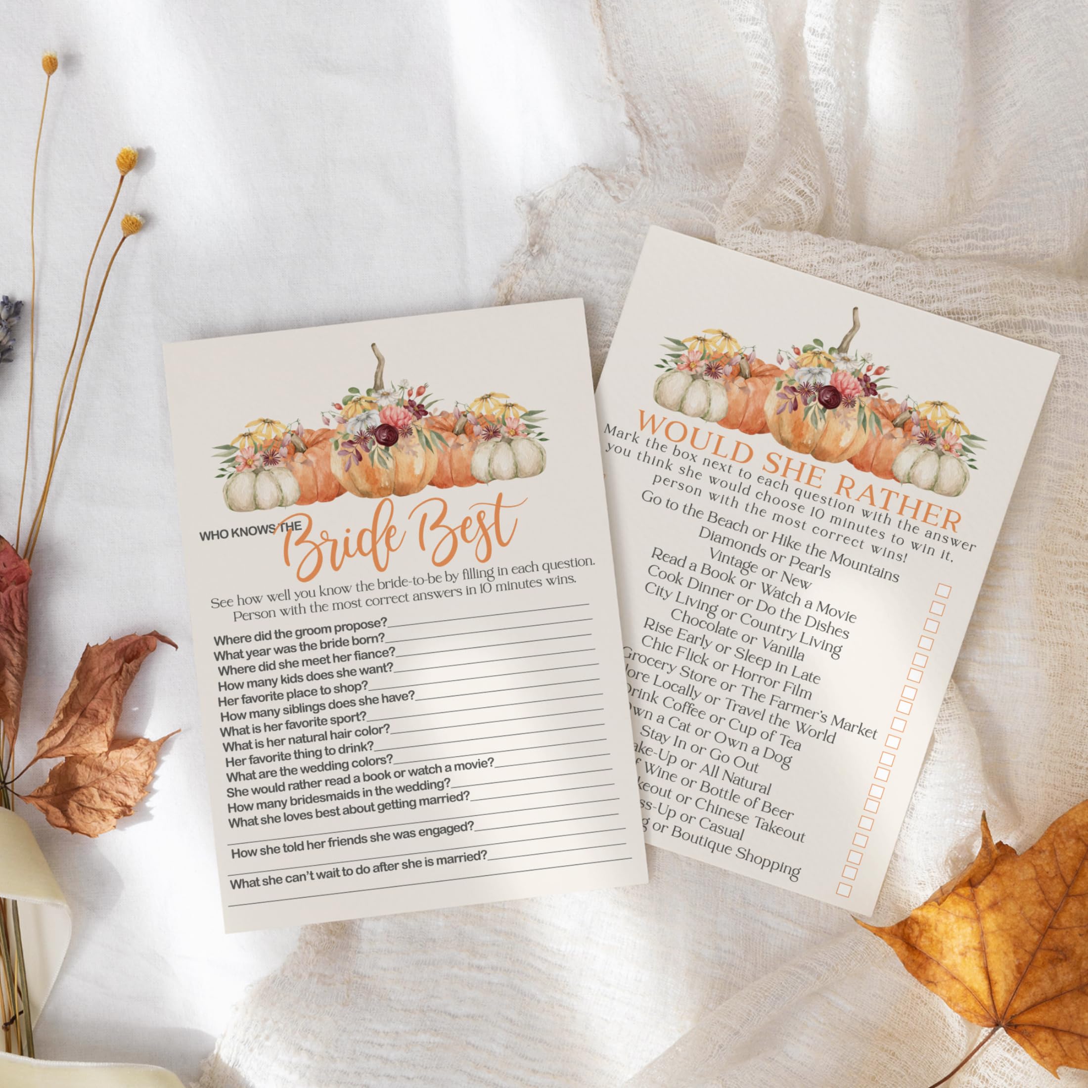Paper Clever Party Rustic Pumpkin Bridal Shower Games Pack - 25 Guests, 5x7 Size, Premium Quality Cardstock, Fall Theme, Who Knows The Bride Best & Would She Rather, Autumn Wedding Shower Games
