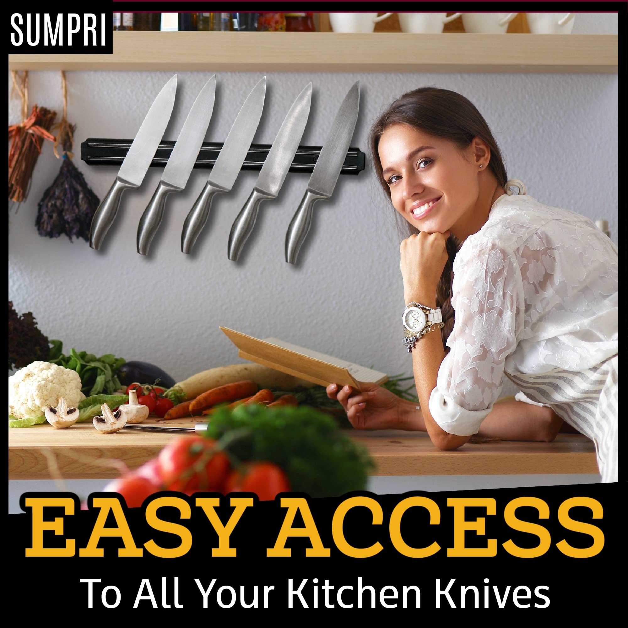 Magnetic Knife Strip for Wall - Extra-Strong Magnet Knife Holder Strip (15 Inch X Set Of 3) - Securely Holds Your Biggest Kitchen Knives - Space-Saving Magnetic Knife Holder For Wall -By SUMPRI