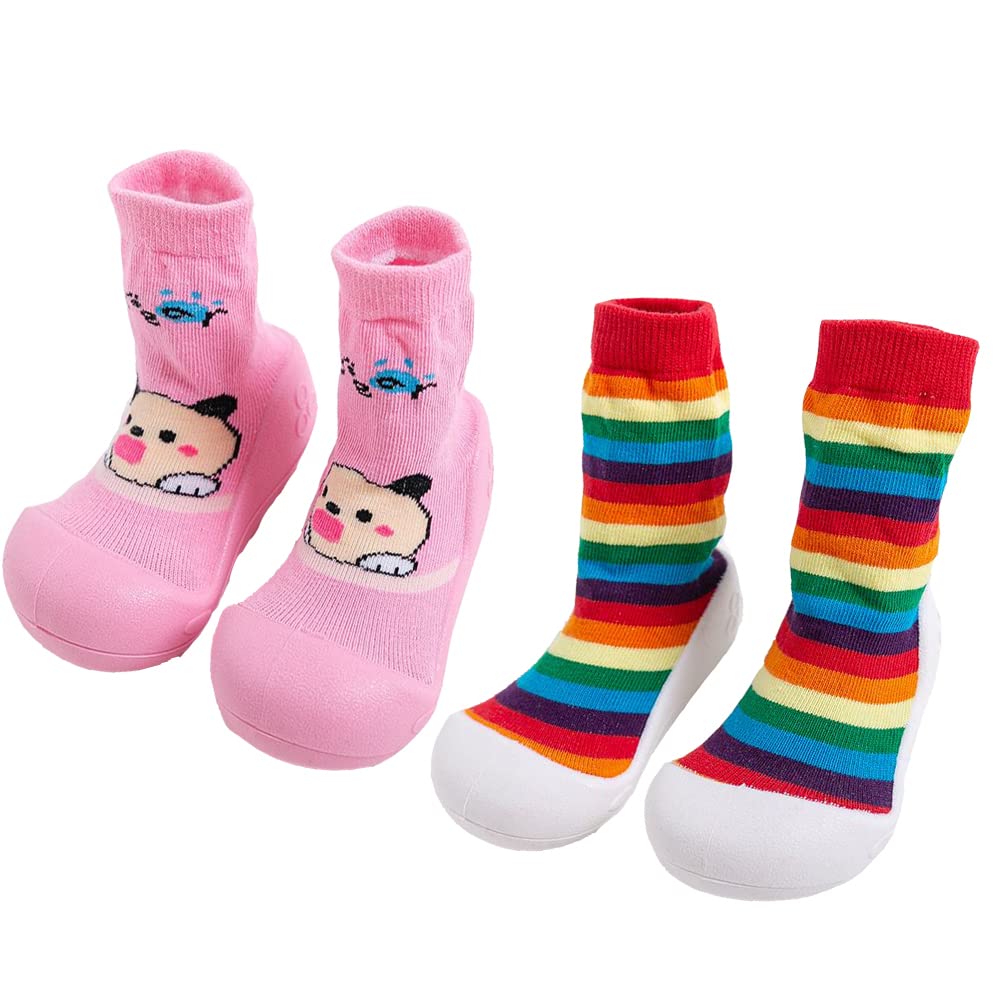Chicone 2 Pairs Baby Socks Anti Skid Rubber Soft Sole Infant Slippers Prewalker Shoes,Red Pink,S(10-16months)