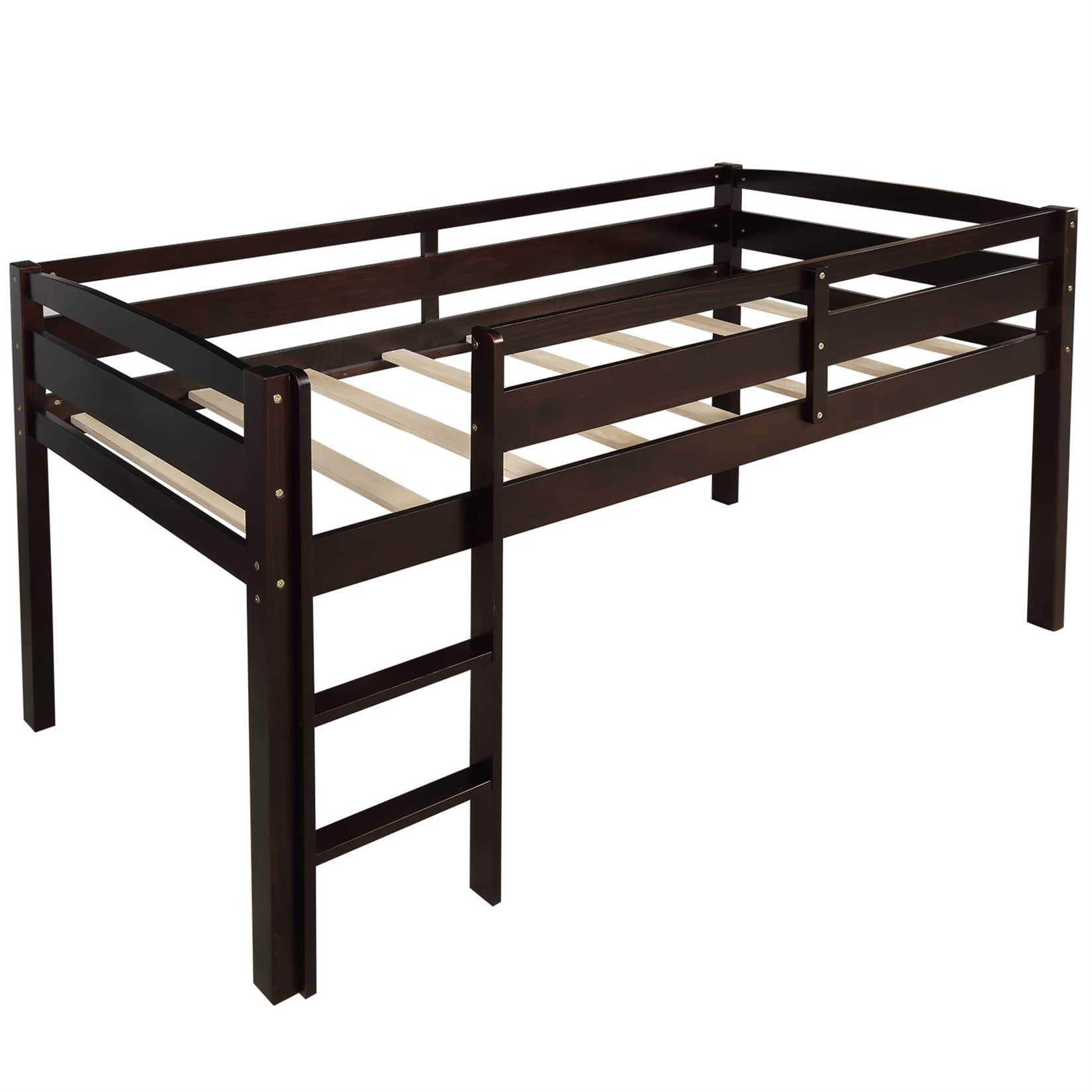 Bellemve Low Loft Bed Twin Size Wooden Loft Bed Frame with Ladder for Kids Girls Boys Teens, Espresso