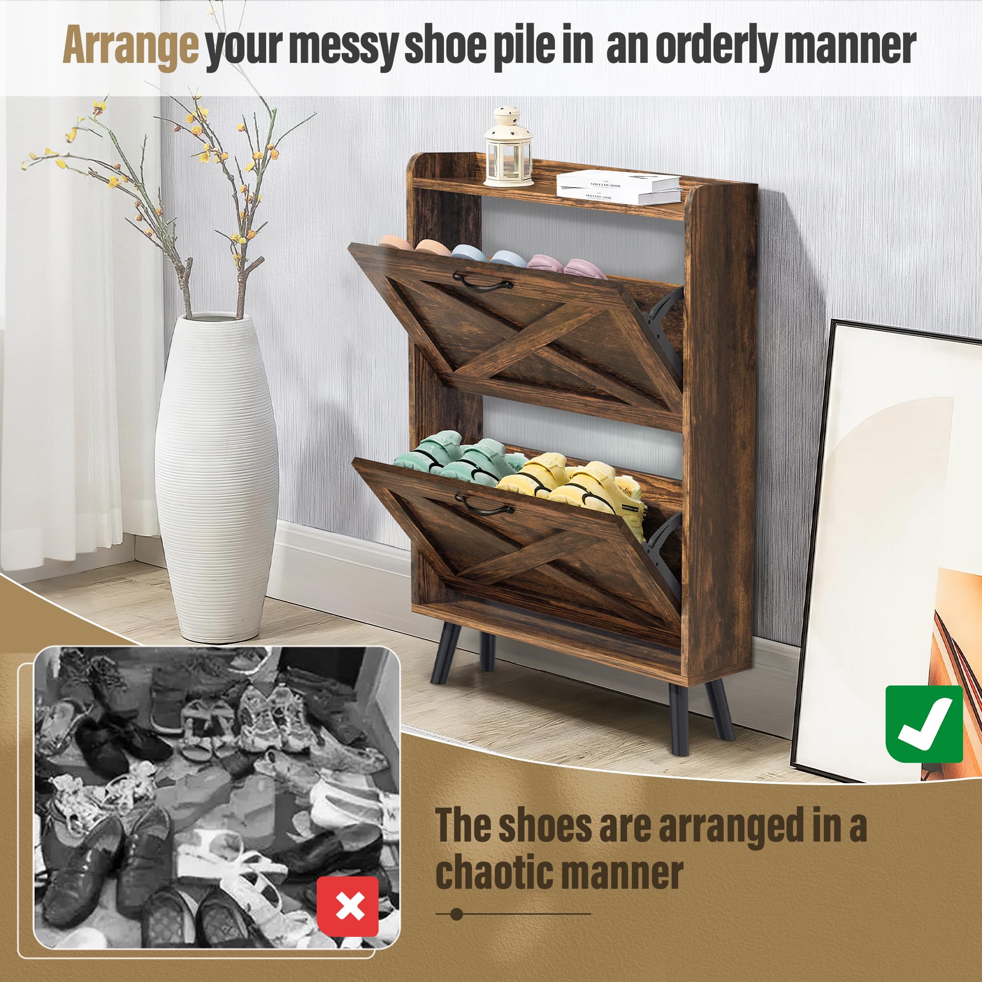 Incbruce Shoe Storage Cabinet with 2 Flip Drawers, Freestanding Ultra-Thin Shoe Cabinet with Wooden Legs for Entryway, Hallway, Bedroom (Brown - Small)