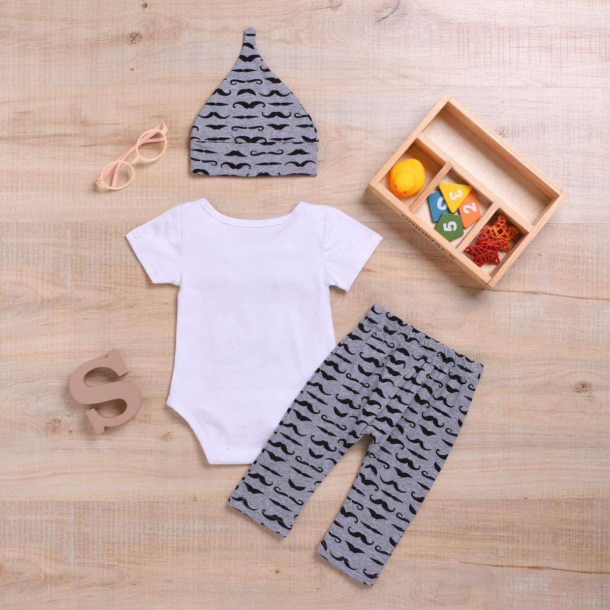 Kashoer 3Pcs Newborn Baby Boy Girls Bowtie Letters Romper Suit+Long Moustache Pant+Hat Kid Playsuit (White, 0-3Months)