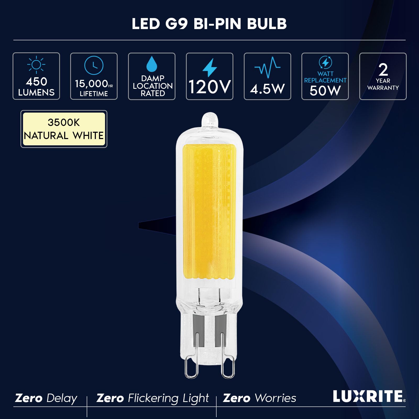 LUXRITE G9 LED Bulb Dimmable 4.5W, 50 Watt T4 G9 Halogen Equivalent, 3500K Natural White, 450 Lumens, Glass G9 Bi Pin Base, 320° Beam Angle, ETL Listed (10 Pack)