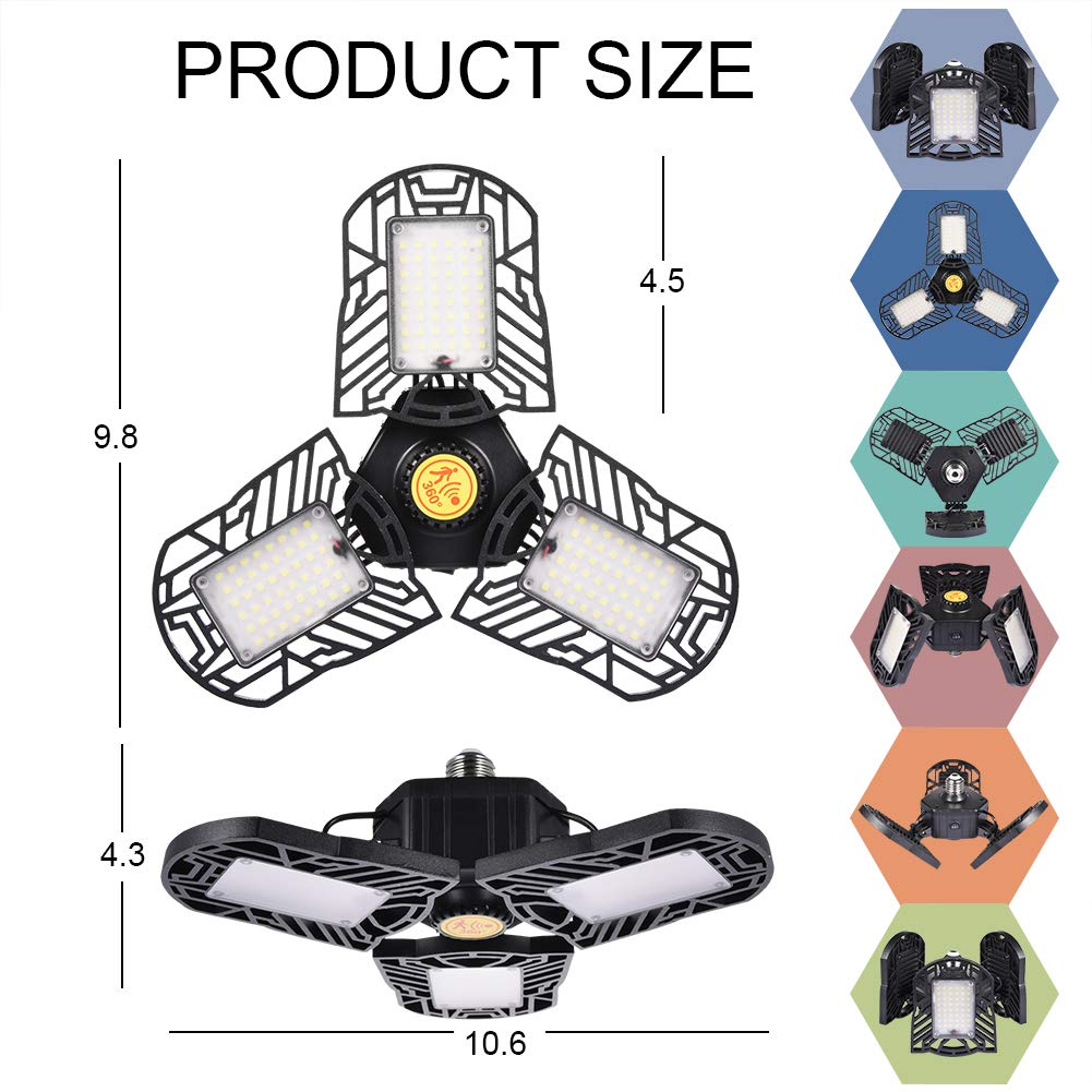 60W Deformable LED Garage Light, Motion Activated Garage Lighting, 6000LM Ceiling Light E26/E27 Factory Industrial Lighting, Cold White 6000K Light IP65 For Garage, Warehouse, Workshop