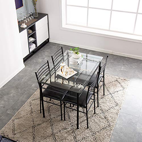 SSLine 5-Piece Glass Dining Table Set with 4 Chairs Small Space Kitchen Table Modern Simple Dining Room Dinette Sets w/1 Tempered Glass Top/Metal Frame Table and 4 Leather Cushion Seat Dining Chairs