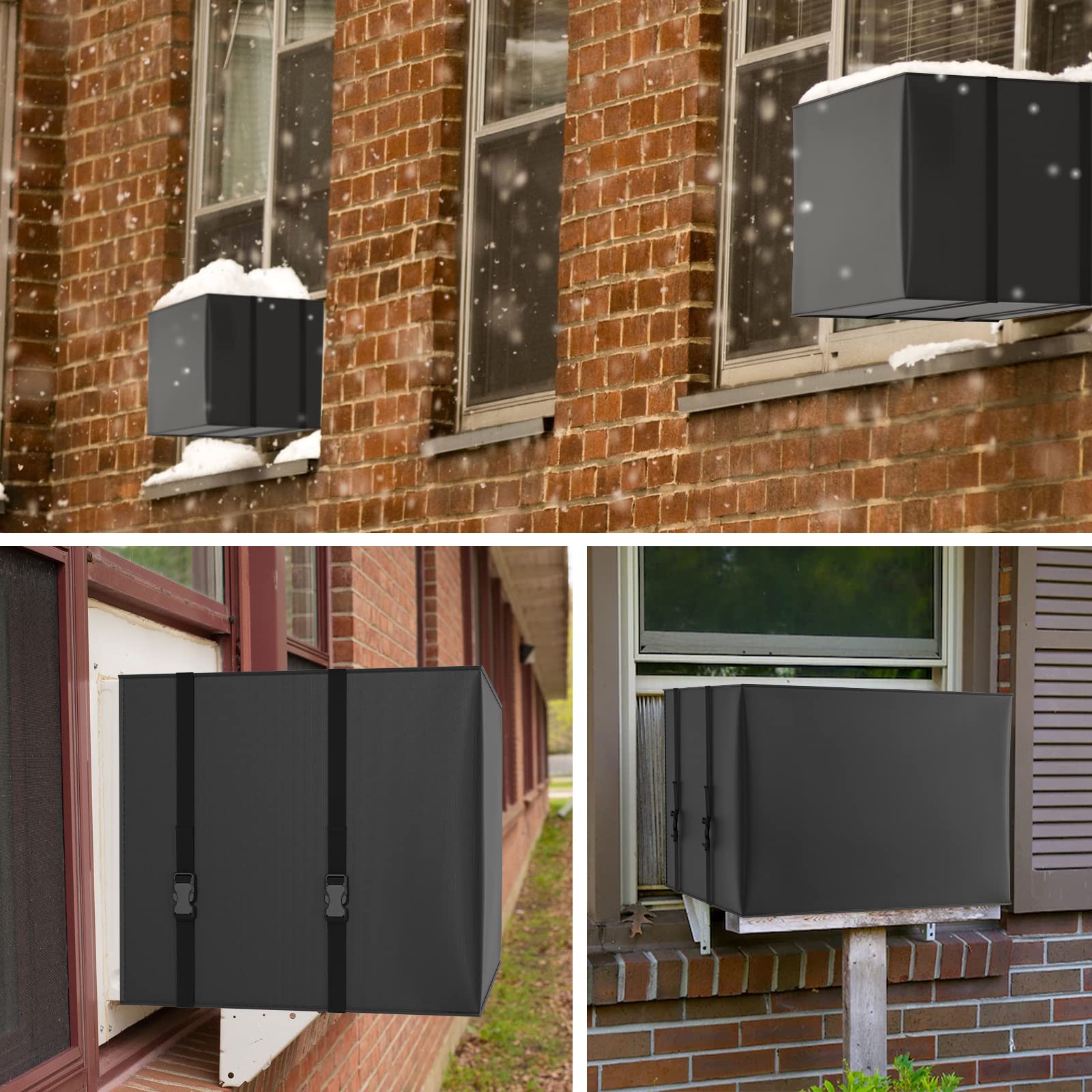BEWAVE 2 Pack Indoor Outdoor Window Air Conditioner Cover Adjustable Window AC Unit Cover with Drawstring Double Insulation 25"x17"x3.5" for Inside Dust-Proof Waterproof 25.5”x20.5”x18” for Outside