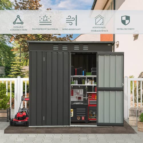 Domi Backyard Storage Shed 5.45' x 3.69' with Sloping Roof Galvanized Steel Frame Outdoor Garden Shed Metal Utility Tool Storage Room with Latches and Lockable Door for Balcony (Dark Gray)
