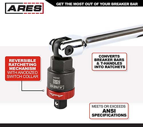 ARES 36004-3/8-Inch Drive Ratcheting Breaker Bar Adapter - Converts Breaker Bar or Sliding T-Handle into Ratchet - Reversible Ratcheting Mechanism with Anodized Switch Collar