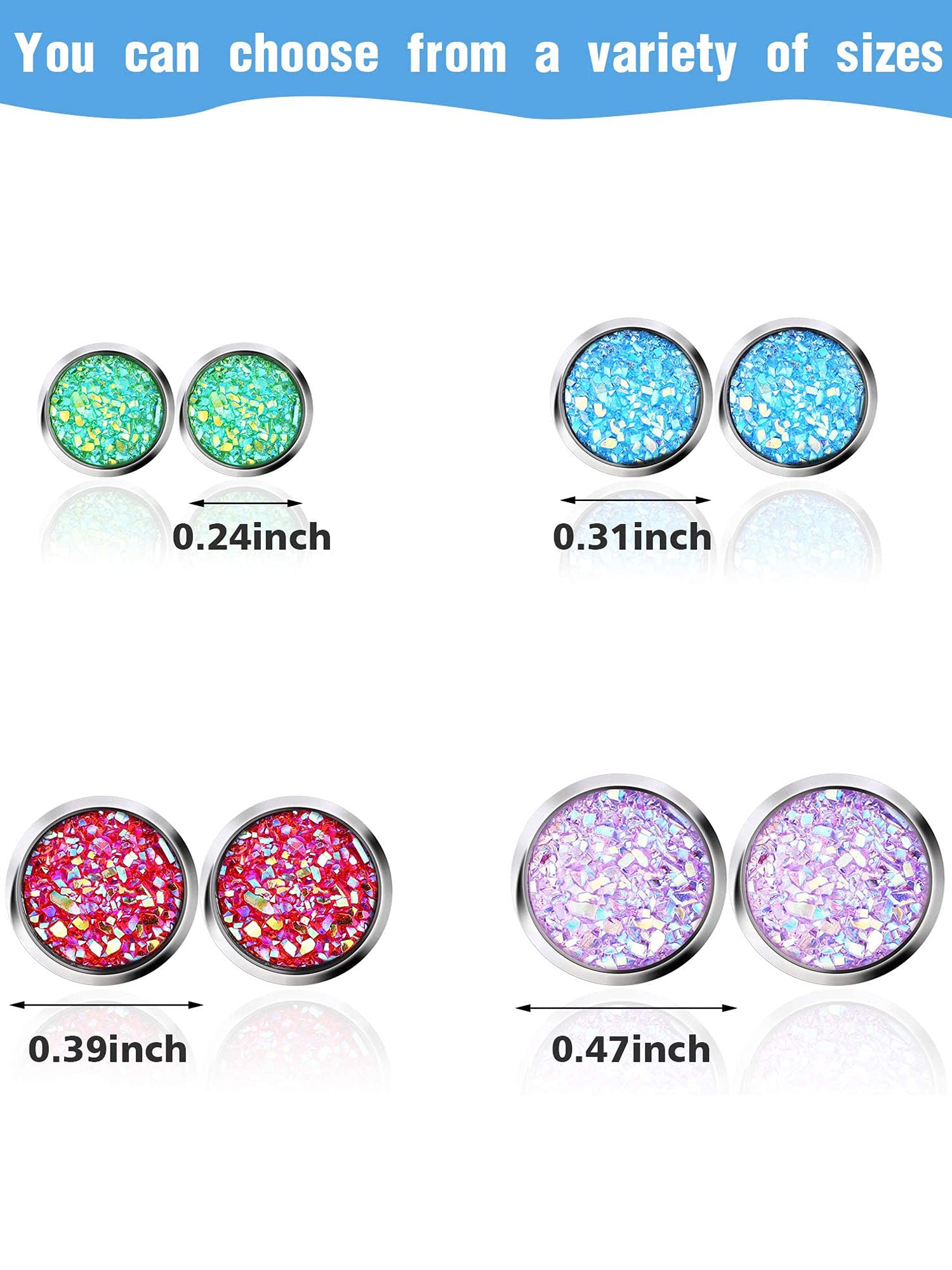 Boao 15 Pairs Druzy Stud Bulk Earrings Set Stainless Steel Round post Earrings Bohemian Pierced Earrings Jewelry for Women