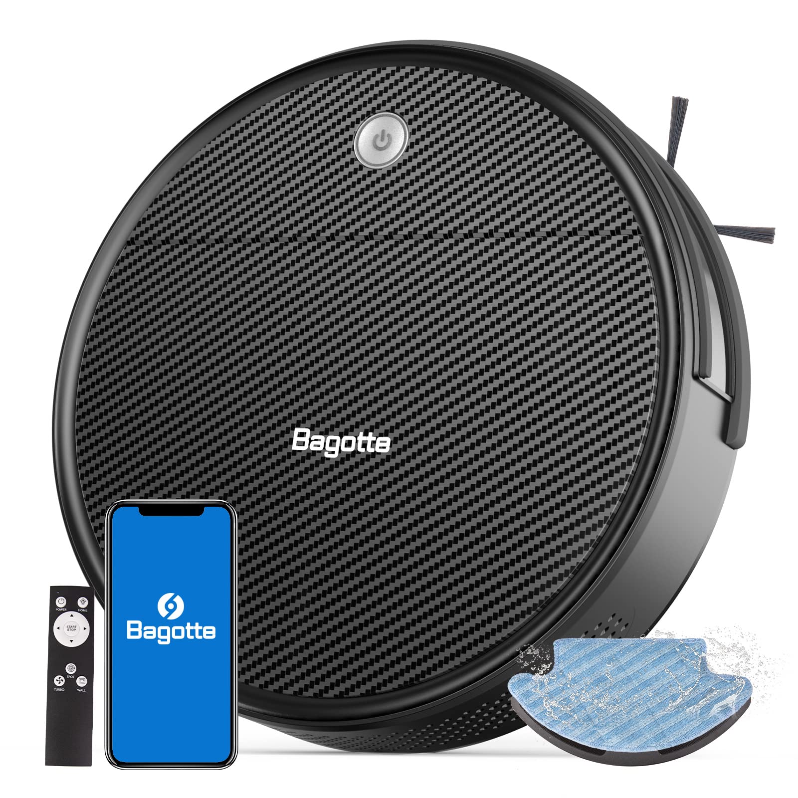 Bagotte Robot Vacuum and Mop Combo, 2000Pa Suction 2600 mAh 2 in 1 Mopping Robotic Vacuum Cleaner with Schedule, WiFi/App/Alexa, Self-Charging, No Water Tank, Ideal for Hard Floor, Pet Hair and Carpet