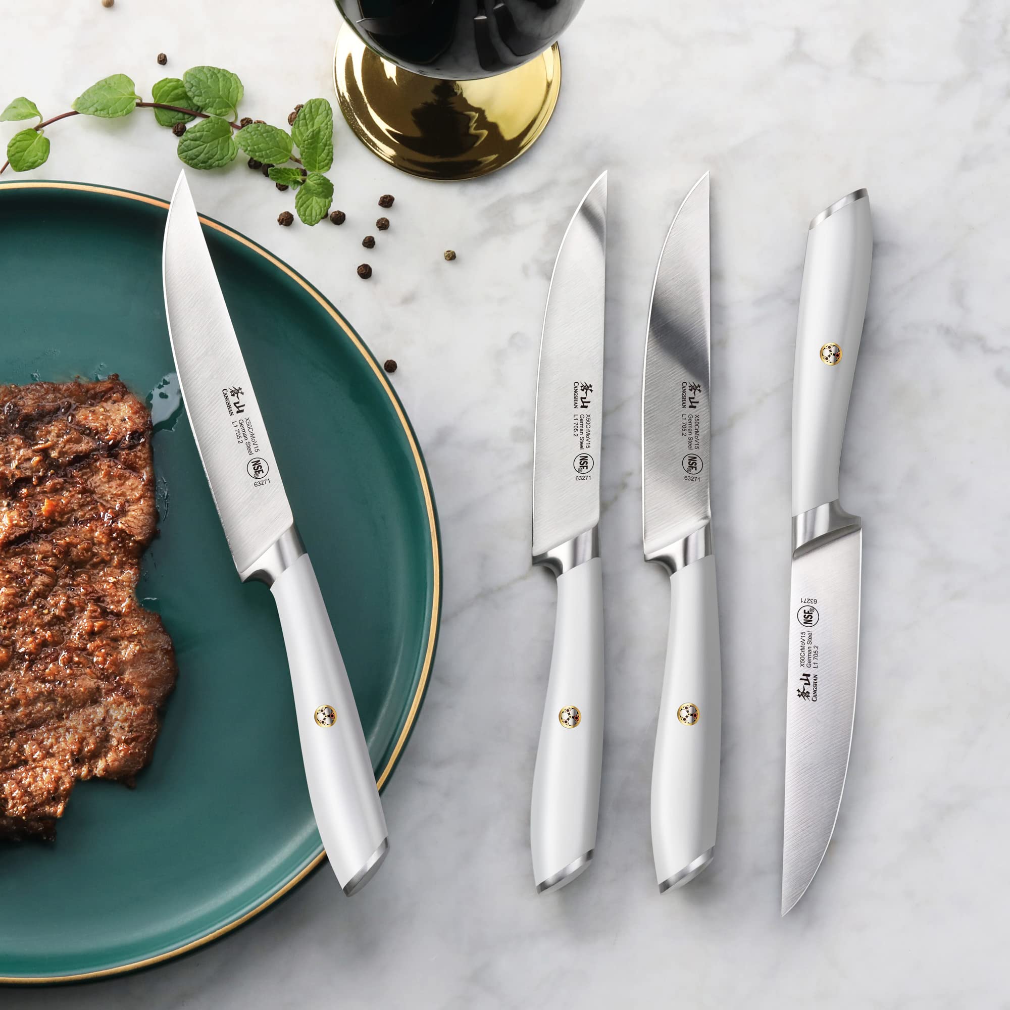 Cangshan L1 Series 1026948 German Steel Forged 4-Piece Fine-Edge Steak Knife Set, White