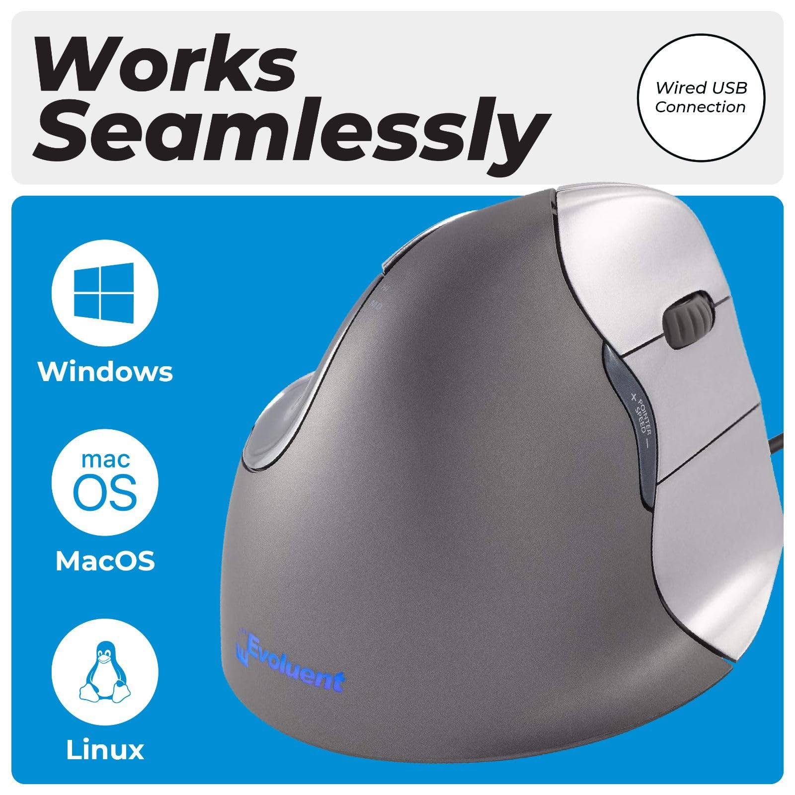 Evoluent VM4R Vertical Mouse 4 for Right Hand โ Ergonomic Mouse Wired USB, Helps Reduce Carpal Tunnel, Adjustable Speed & Programmable Buttons, Vertical Ergonomic Wired Mouse, Gaming & Office Use