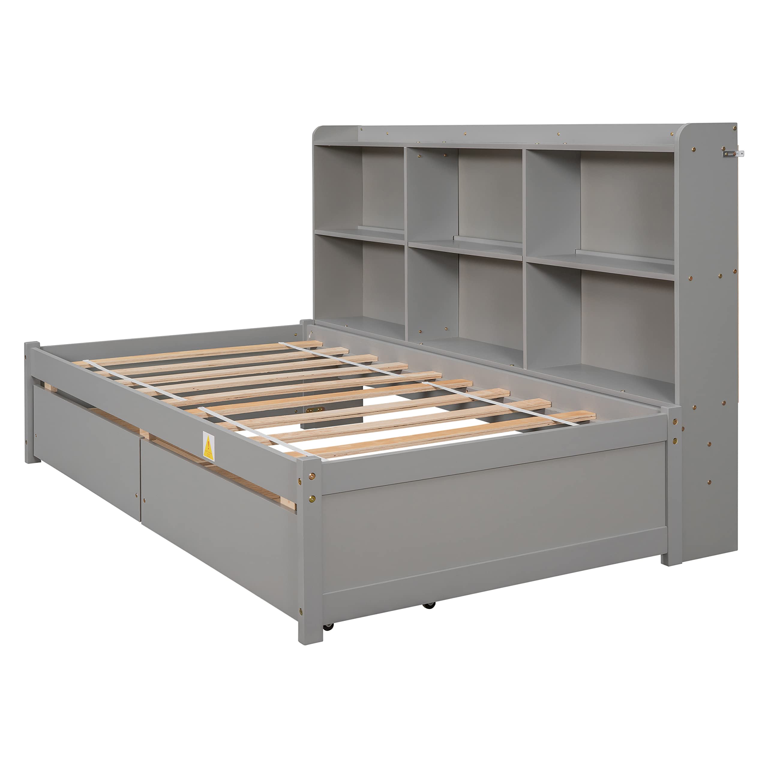 Twin Size Captain Bed with 2 Storage Drawers Wood Day Beds with Side Bookcase, Twin Bed Frame for Kids, Boys, Girls & Teens, No Box Spring Needed, Grey
