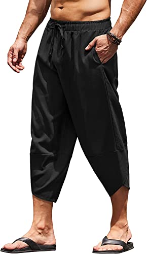 COOFANDY Men's Beach Pants Loose Casual Lightweight Elastic Waist Summer Linen Pants Black