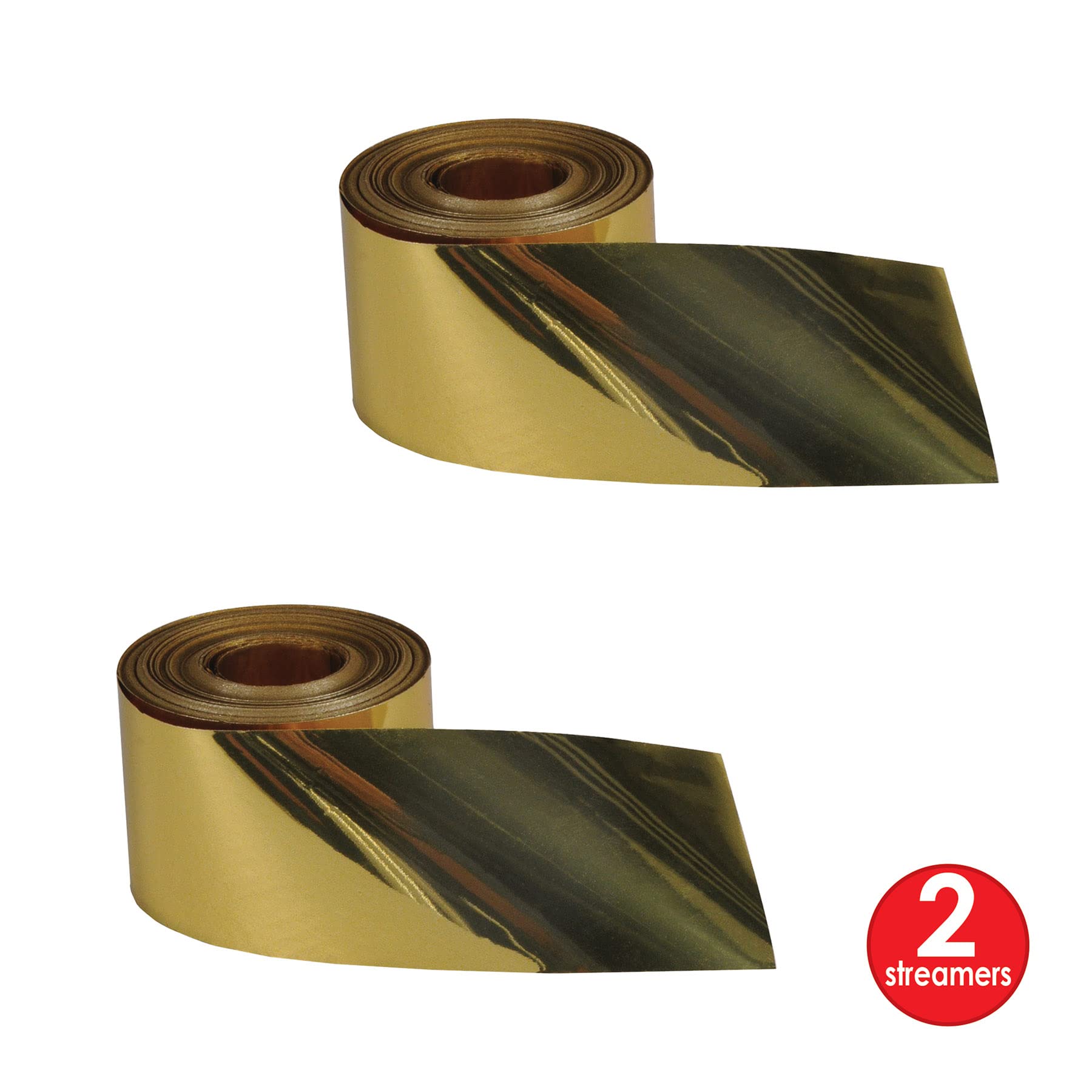 Beistle 2 Piece Indoor Outdoor Metallic Plastic Birthday Streamers for Wedding Receptions, Graduation Parties, New Year's Eve Decorations, 2" x 200', Gold