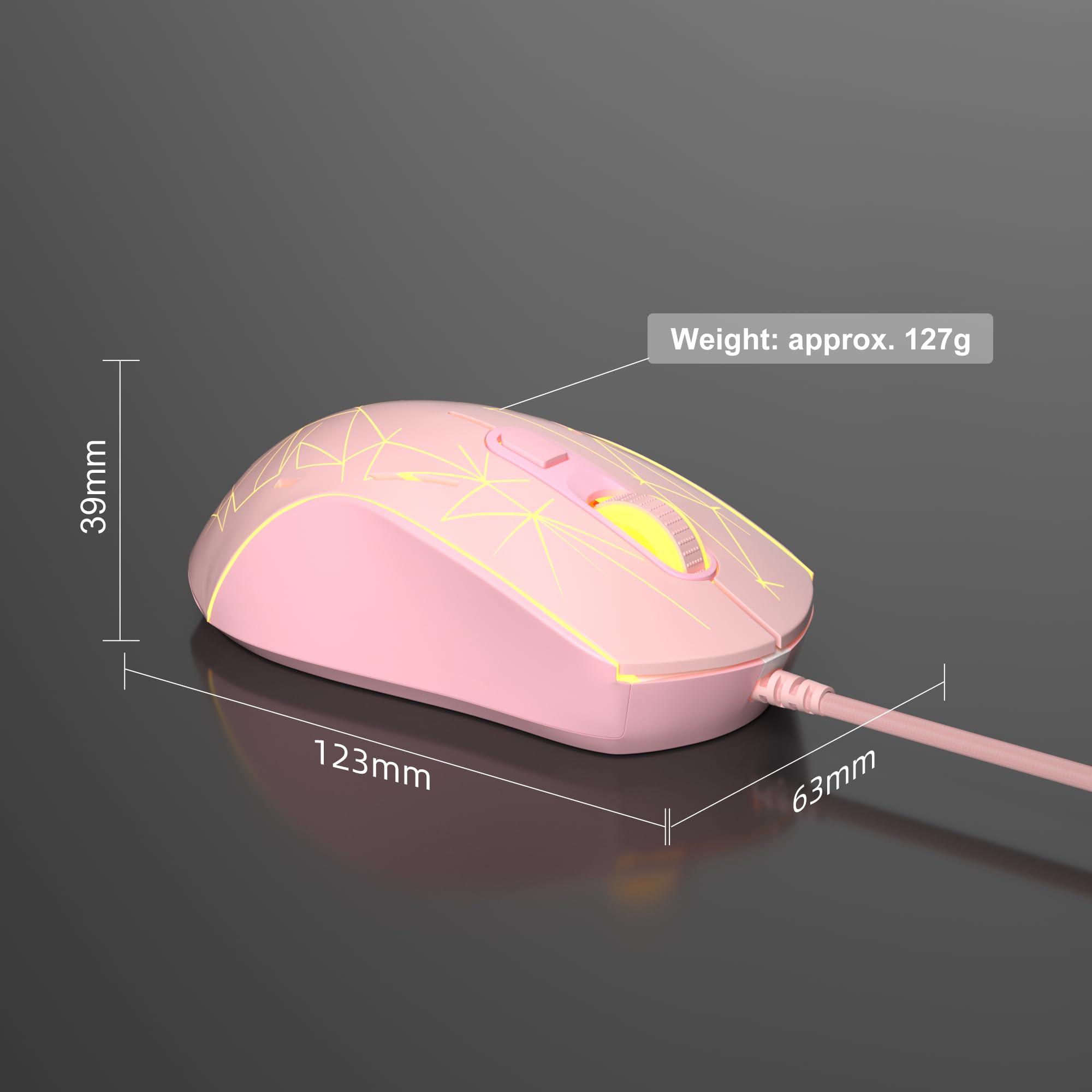 MageGee G6 Wired Gaming Mouse, Ergonomic USB Optical Mouse with 7 Colors Breathing LED Backlit, 6 Adjustable Speed Levels from 600 to 3200 for Laptop PC Computer Games & Work, Pink