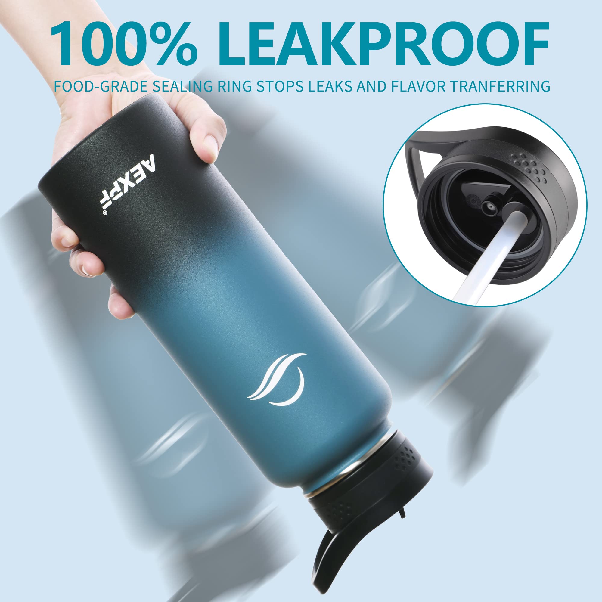 AEXPF 40 oz Insulated Water Bottle, Stainless Steel Vacuum Sports Water Bottle with 3 Lids, Durable Leakproof Metal Thermos, BPA-free Water Flask Jug with Strap, 2pc