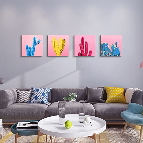 Creoate Pink Cactus Wall Art for Living Room Decor, 4 Panels Tropical Plant Picture Framed Canvas Print Artwork Set Wall Decorā¦