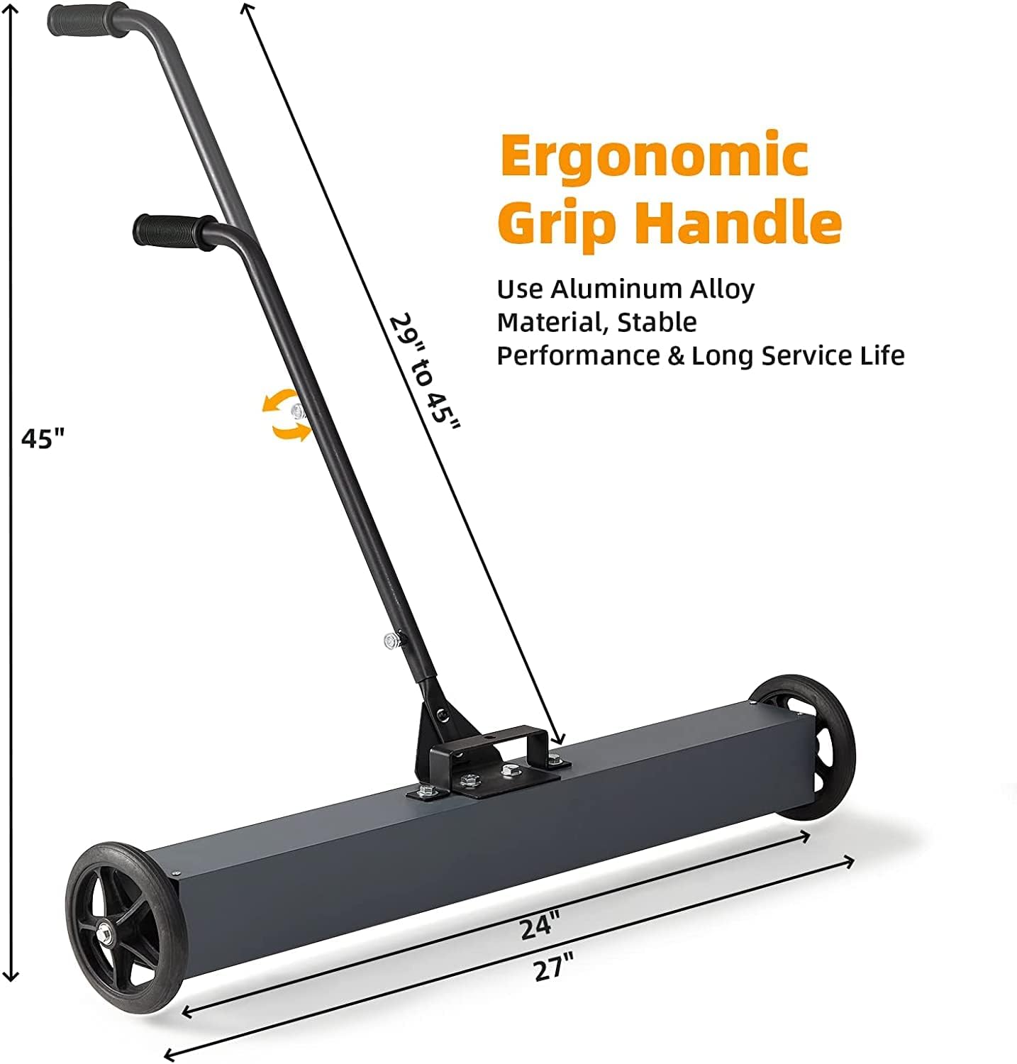 Rolling Magnetic Sweeper 24-inch with Wheels, Push-Type Magnetic Pick-Up Sweeper Quick Release Latch 24-inch Large Magnet Pickup Lawn Sweeper with Telescoping Handle Magnetic Pickup Tools