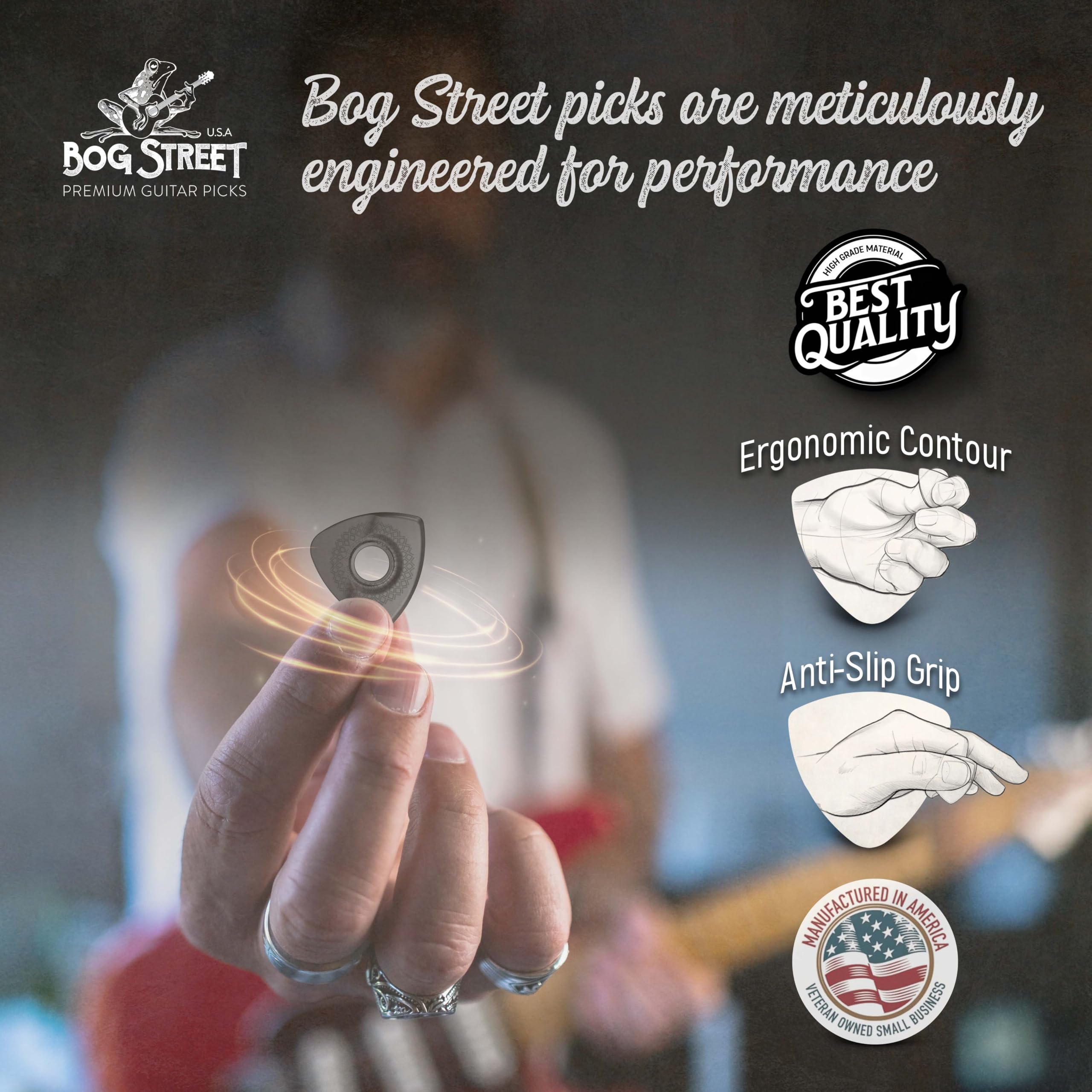 Bog Street Axe Cut Thin Guitar Pick Pack Of 6 - Made in USA Ergonomic Guitar Picks Thin, Non Slip Light Guitar Picks, Black Color