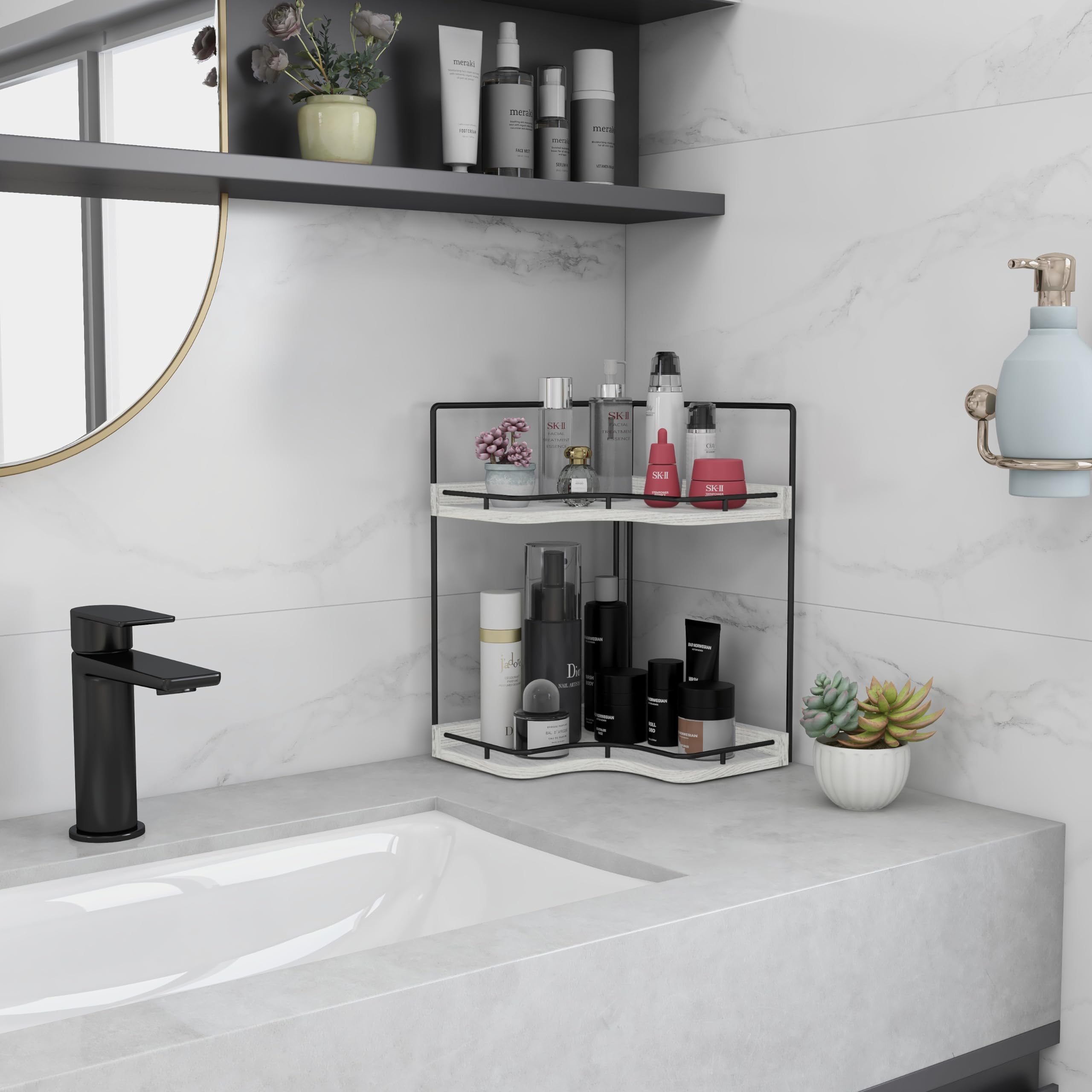 Bathroom Organizer Countertop,Wood Vanity Tray for Bathroom Storage,L Bathroom Counter Organizer,2 Tier Counter Corner Shelf for Bathroom,Kitchen (White)