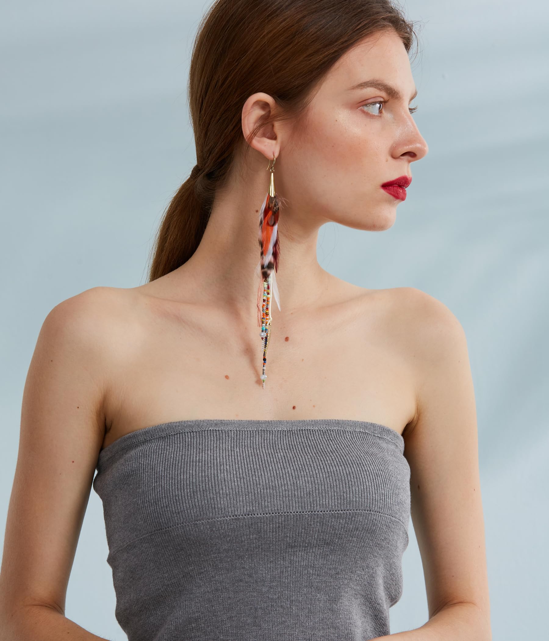 Boho Colorful Feather Feather Dangle Earrings for Women Bohemian Shell Beads Long Tassel Design Drop Earrings