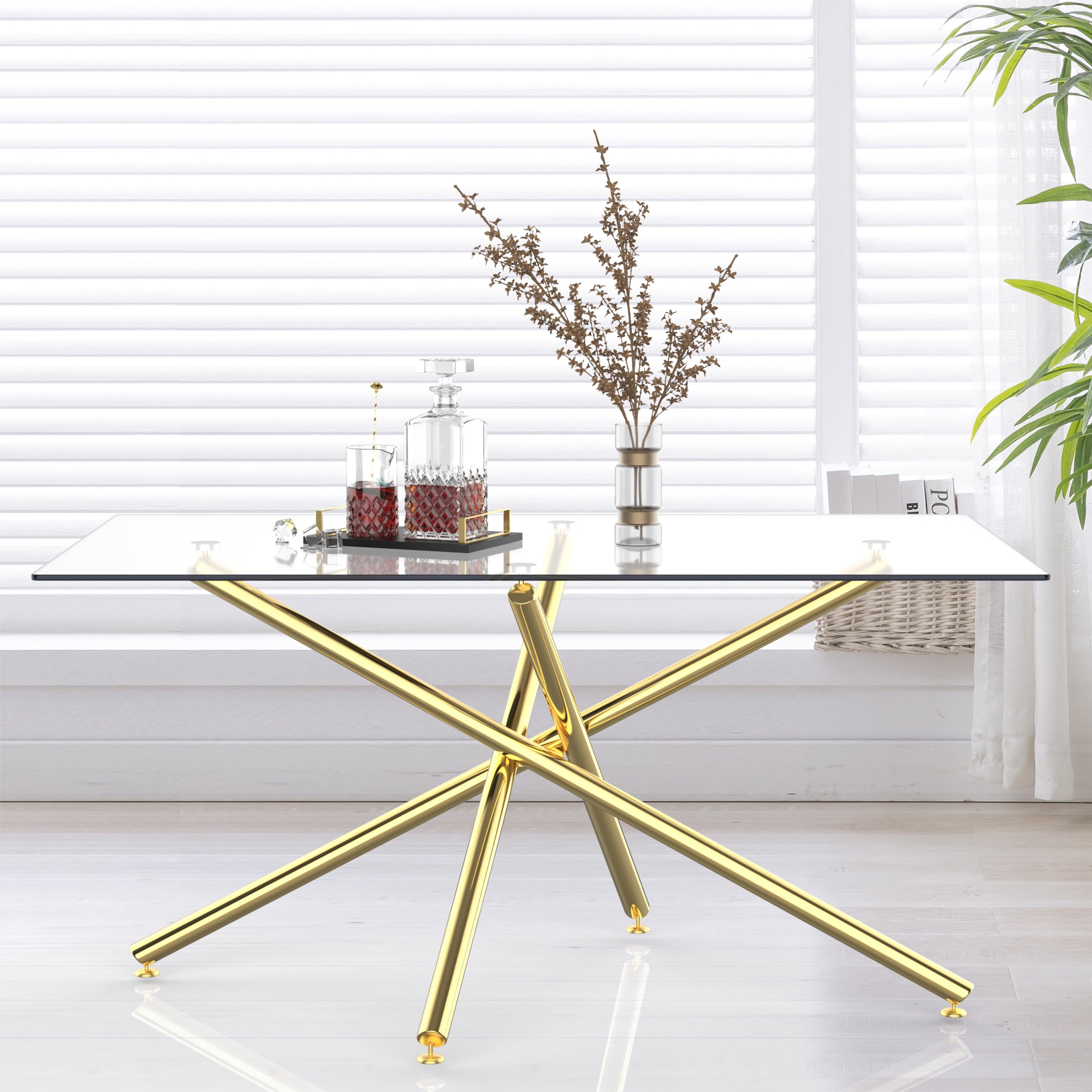 63 inch Glass Dining Table for 6, Modern Kitchen Table with Rectangular Tempered Glass Top and 4 Chrome Legs, Large Dining Table for Office Kitchen Living Meeting Room, Golden