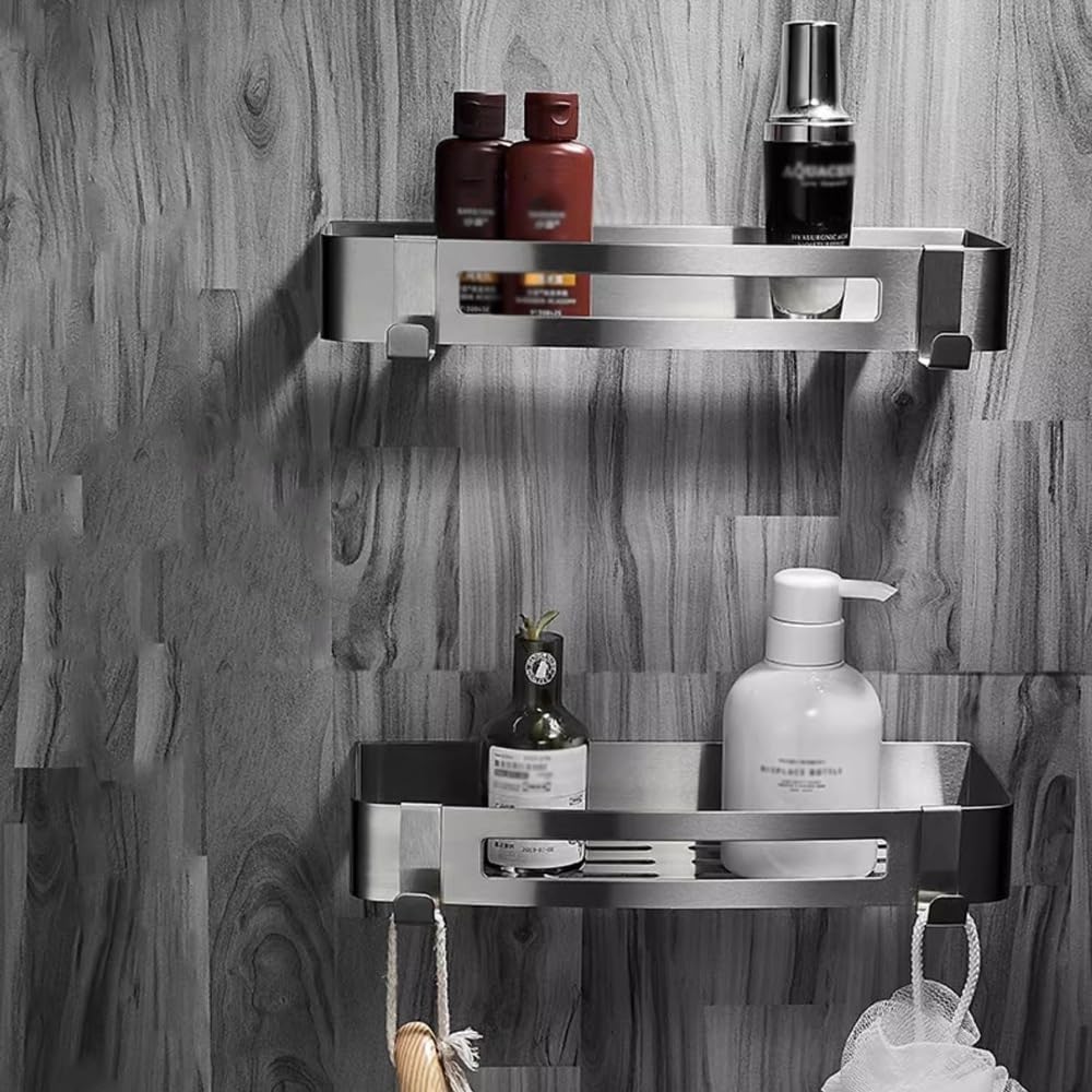 Bathroom Shelves Shower Caddy with 2 Movable Hooks, Adhesive Hanging Shower Shelf, No Drilling Stainless Steel Shower Shelf, Wall Mounted Bathroom Organizers and Storage Shower Caddy(Mirror Finish)