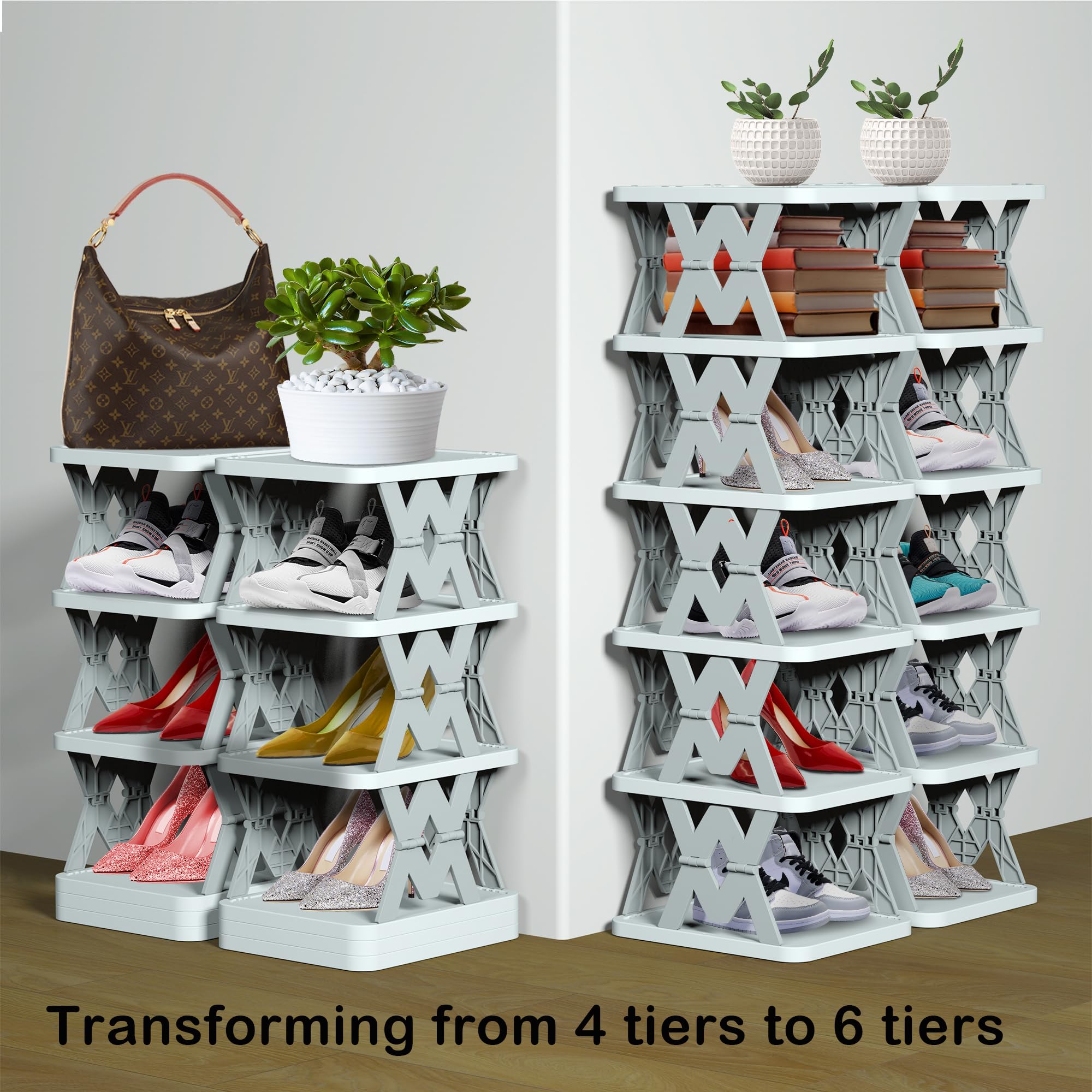 PHUNIGEEFT Shoe Rack, 6 Tier Shoe Shelf Without Assembly, Narrow Small Shoe Storage Space Saving, Shoe Organizer for Closet, Front Door Entrance, Entryway, Bedroom, White