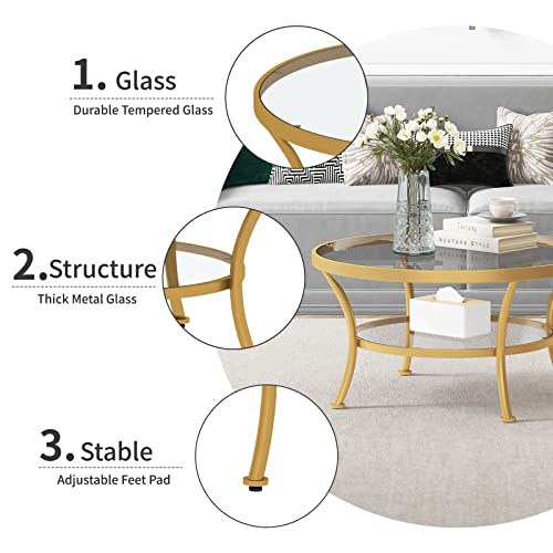 O&K FURNITURE Modern Round Coffee Table with Storage, 2-Tier Glass Top Coffee Table for Living Room, Gold