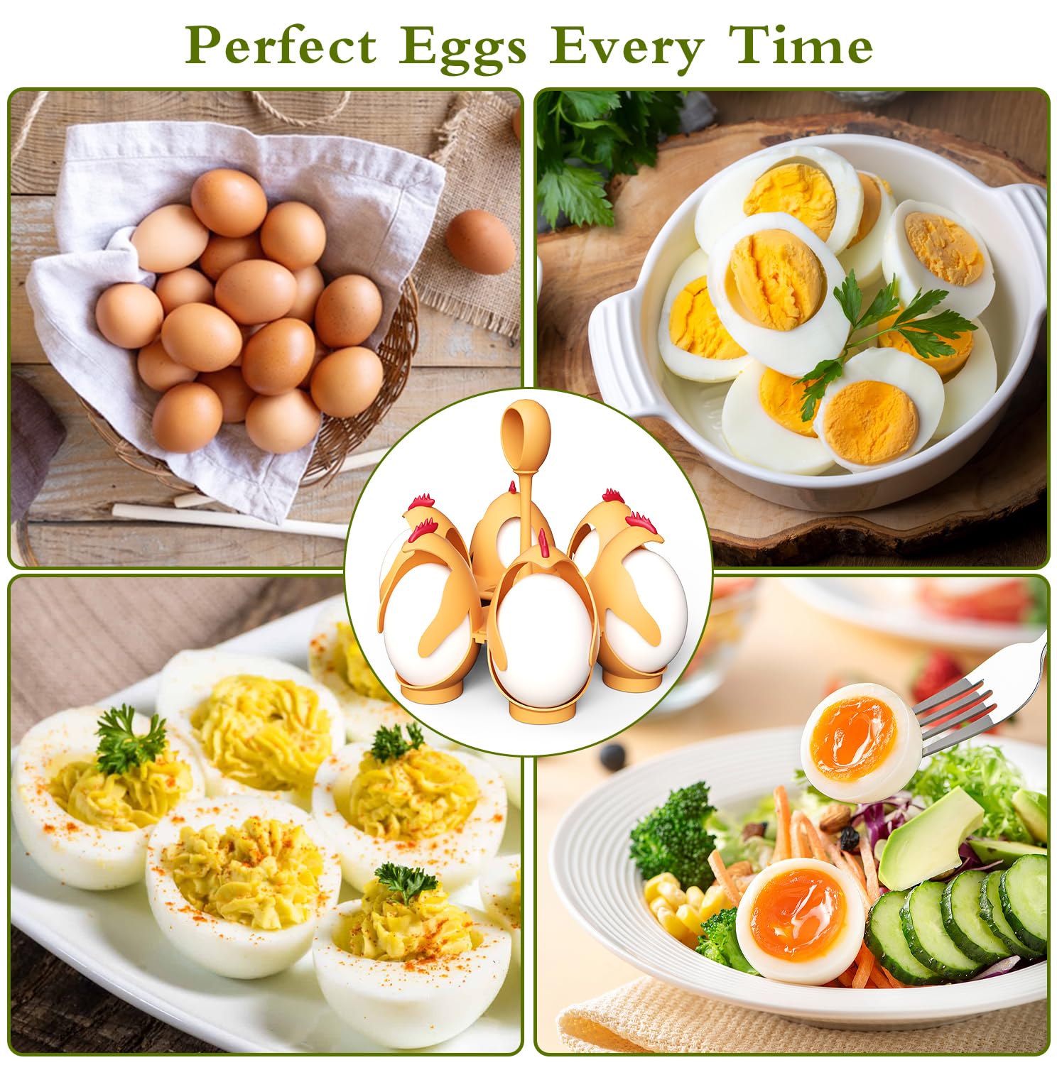 Anevna Chicken Egg Holder for Boiled Egg, Breakfast Egg Hard Boiled Egg Maker Machine, Egg Hard-Boiled Egg Cooker & Poacher for Hard Boiled, Eggies Mold Holds 6 Egg Holder for Easy Cooking, White