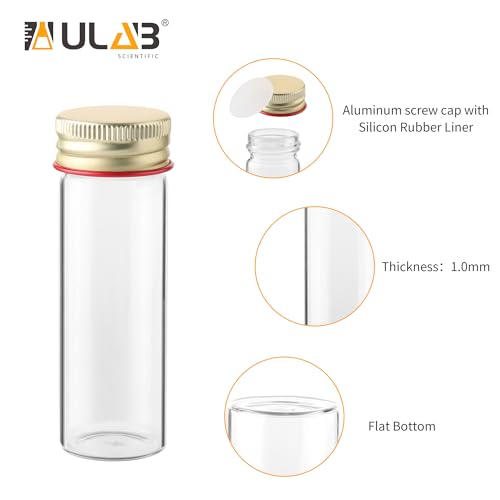 ULAB Scientific Sample Tubes 25ml with Screw Caps, Small Spice Containers 1oz, Makarthy, 3.3 Borosilicate Glass Tubes, Caps in Aluminum Material, Pack of 12, UTT1005