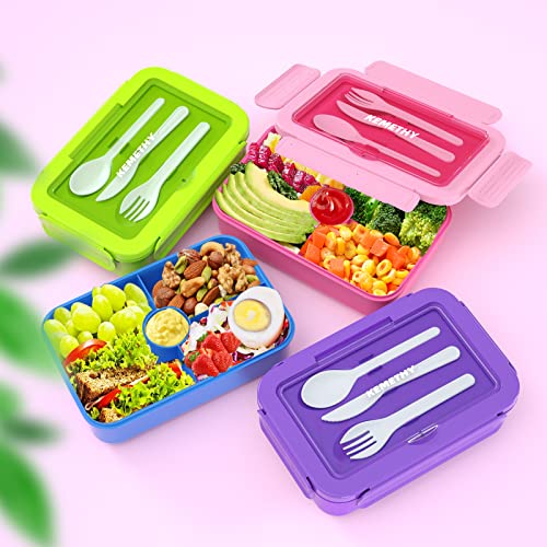 Bento Lunch Box for Kids, 4 Compartment Lunch Boxes Kids, Cutlery Storage Built-in Utensil Set, Leak-proof, Thicken, Microwave/Dishwasher/Freezer Safe, BPA-Free, Pink