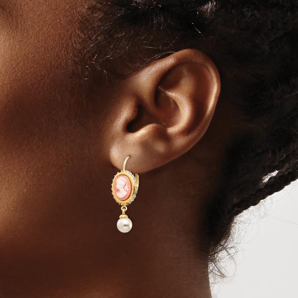 925 Sterling Silver Gold Simulated Pearl Cubic Zirconia CZ Cameo Drop Dangle Earrings
