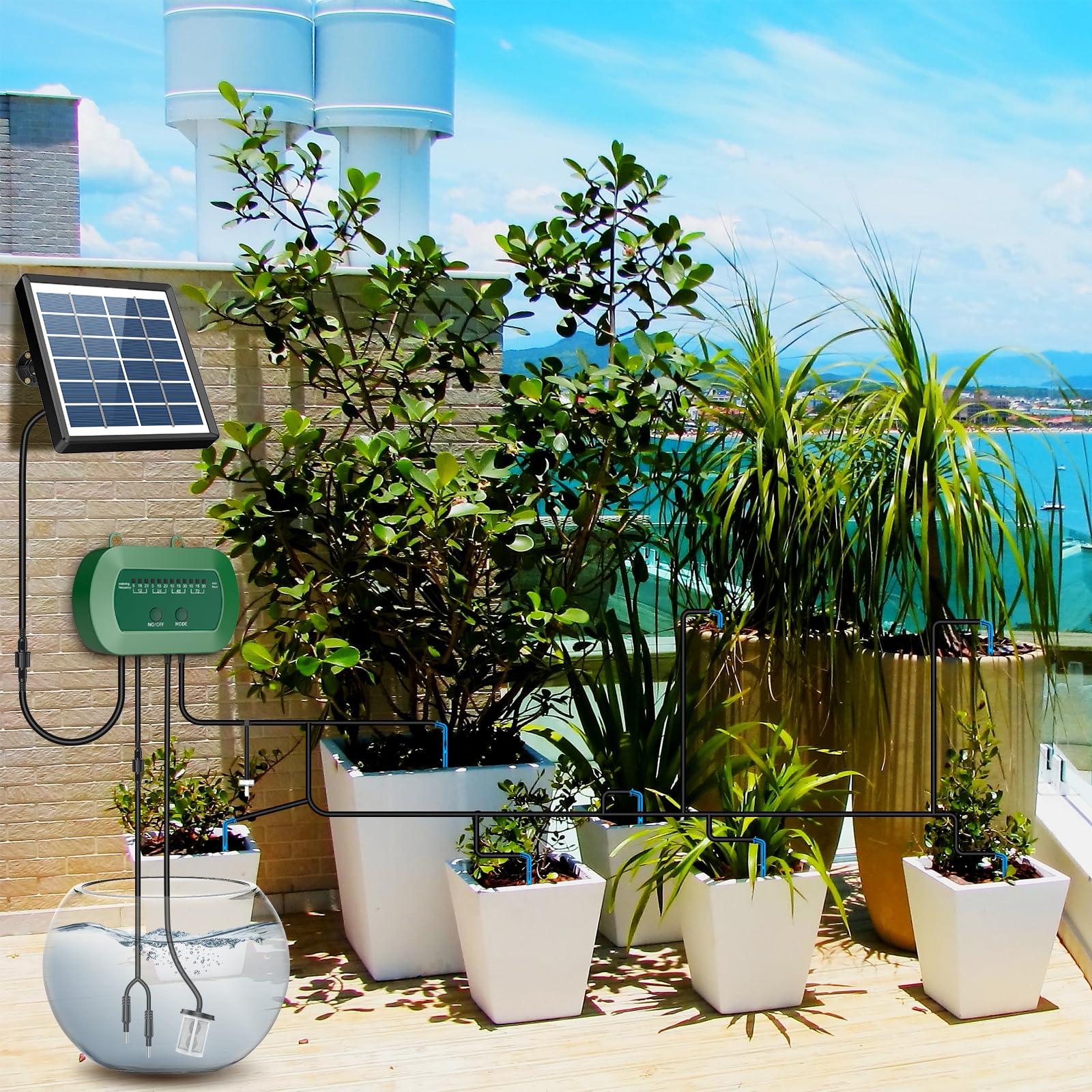 AnseTo Solar Irrigation System for Garden Watering System, 2023 Latest Drip Irrigation Kit for Potted Plants, Supported Automatic Watering System for The Balcony, The Plant Bed and The Green House