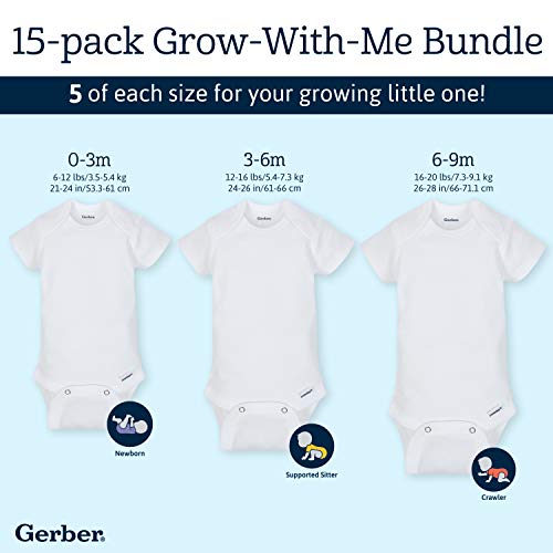 Gerber Baby 15 Piece Onesies Bodysuit Multi Size Pack, White, (0-3M, 3-6M, 6-9M)