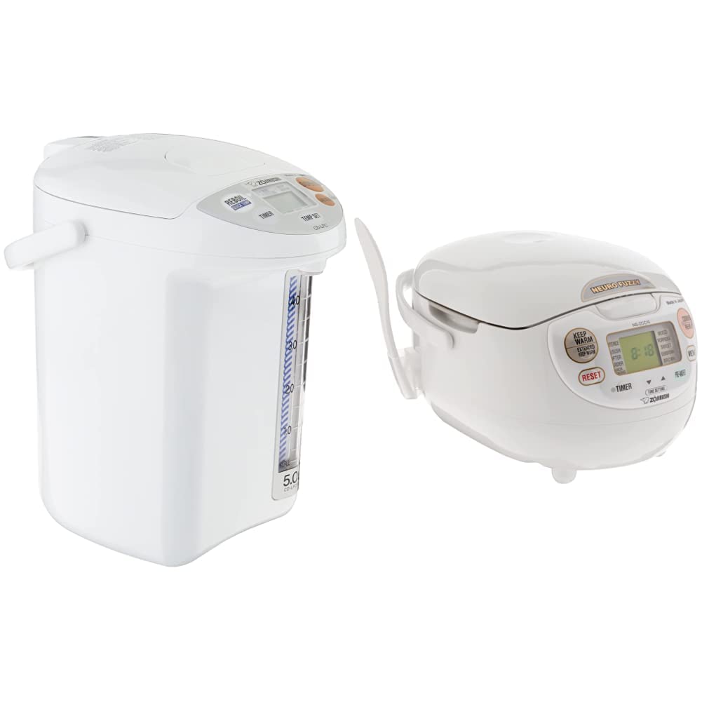 Zojirushi Micom Water Boiler and Warmer, 169 oz/5.0 L, White & NS-ZCC10 Neuro Fuzzy Rice Cooker, 5.5-Cup, White