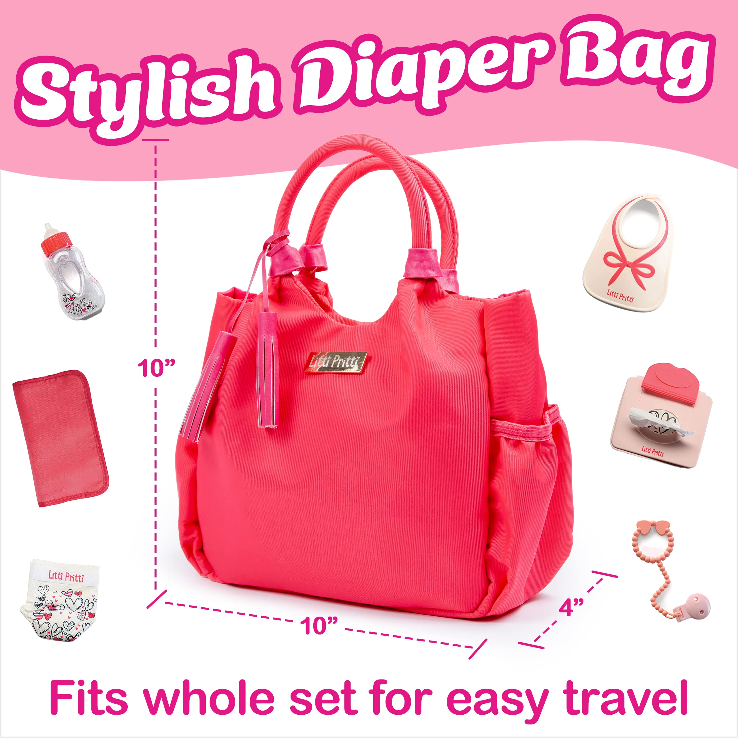 Litti Pritti Baby Doll Accessories Set - 9-Piece Diaper Bag Playset with Baby Doll Diapers, Magic Bottle, Silicone Bib, Wipes, Teether, Changing Pad, and More - Baby Doll Stuff for Ages 3-8 Years