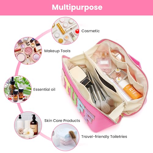 Futuredream Makeup Bag - Large Capacity Travel Cosmetic Bag, Portable Nylon Waterproof Women Travel Makeup Bag Organizer,With Handle And Divider Letter Patch Cosmetic Bag Rose Red