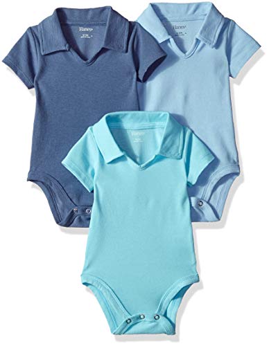Hanes Ultimate Baby Flexy 3 Pack Short Sleeve Polo Bodysuits, Blues, 12-18 Months
