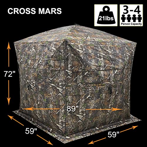 CROSS MARS Extra Large Tall 3-4 Person 5-Sided Hunting Blind 288 Degree See Through Ground Camouflage Portable Pop Up Turkey Deer Blinds Tent