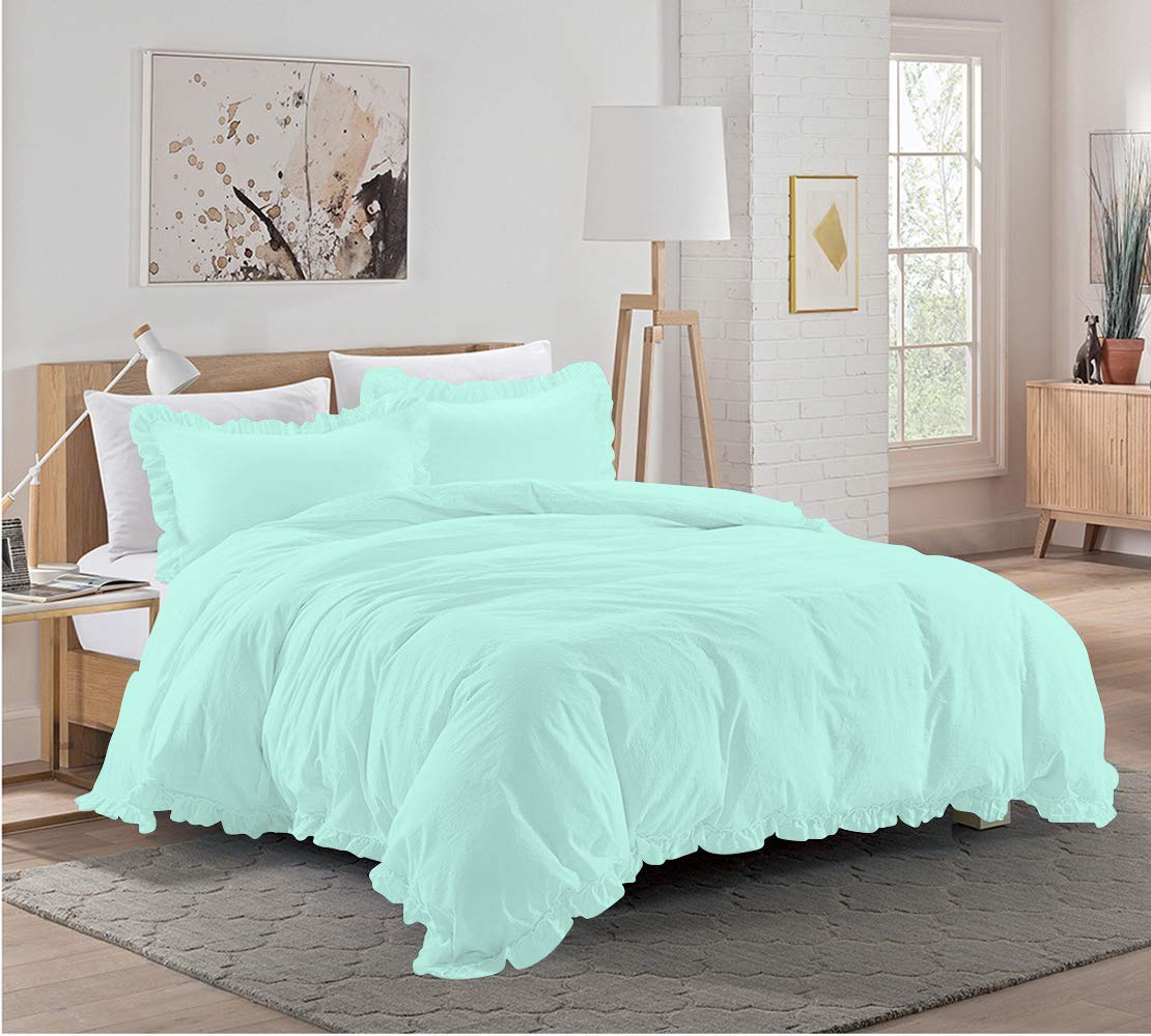 Ultra Soft 600 Series 3 Piece Aqua Blue Edge Ruffle Frilled King Duvet Cover Set (Duvet Cover + 2 Pillowcases) 100% Egyptian Cotton Button Closure Bedding Duvet Cover