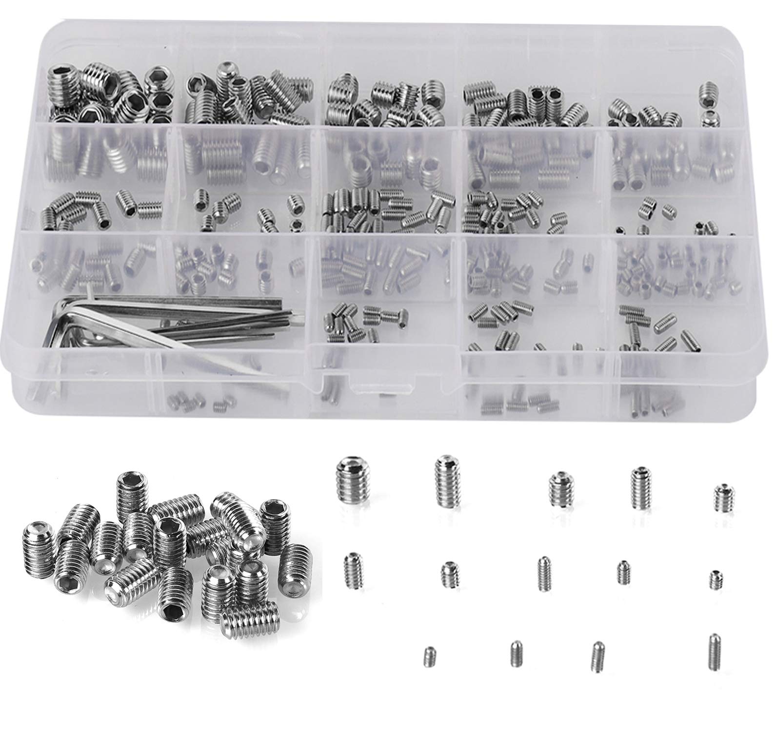 HanTof 340Pcs M2.5, M3, M4, M5, M6, M8 Metric Hex Socket Head Cup Point Set Screws, Allen Head Grub Screw, Internal Hex Drive Headless Set Screw Assortment Kit with 6 Hex Wrenches, 304 Stainless Steel
