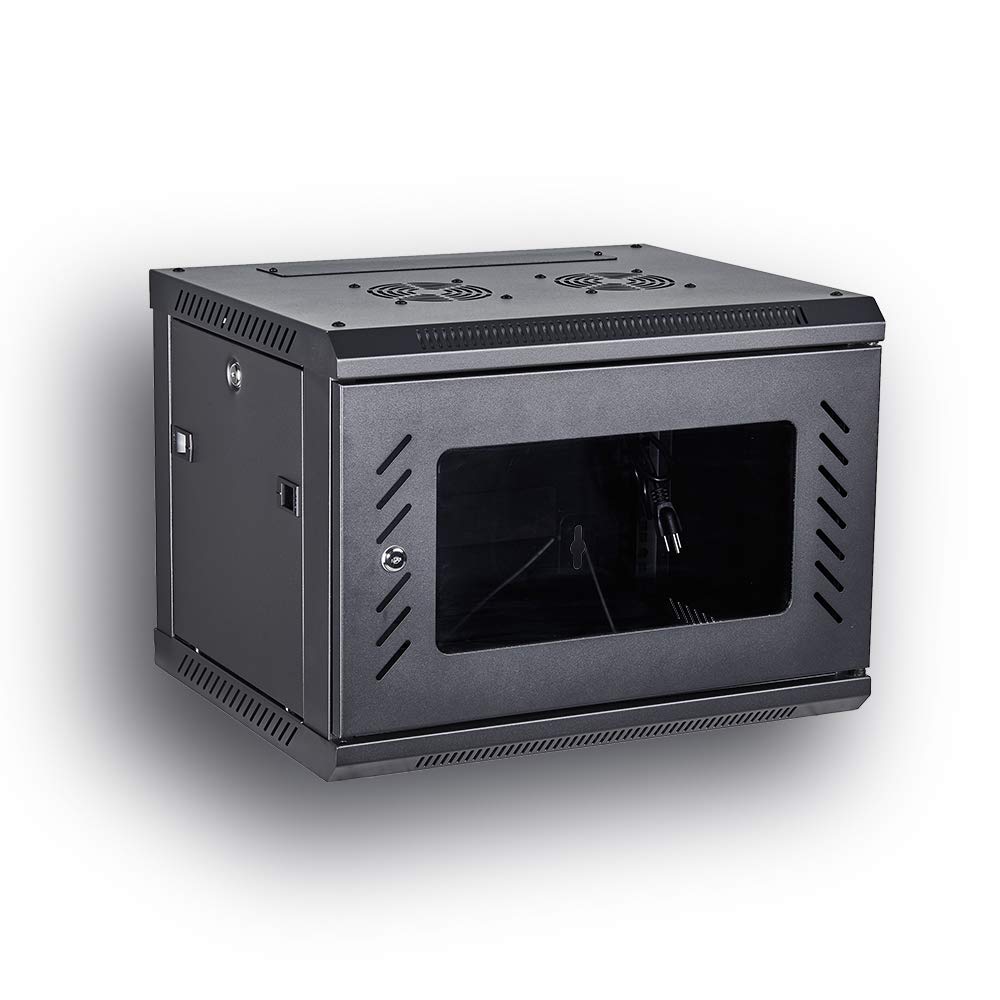 Kenuco Wall Mount Rack Server Cabinet Data Network Enclosure 19-Inch Server Network Rack with Locking Glass Door 16-Inches Deep (BLACK 06U)