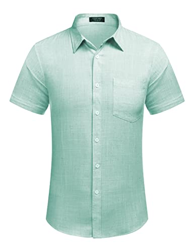 COOFANDY Mens Shirt Casual Button Down Chambray Plain Dress, Linen - Light Green, Large, Short Sleeve