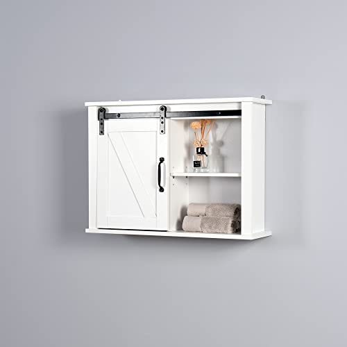 Bathroom Wall Mounted Cabinet with Sliding Doors, Farmhouse Wood Hanging Cabinet, Rustic Medicine Cabinets with Adjustable Shelf Over The Toilet, Bathroom Wall Cabinet for Kitchen, Bathroom (White2)