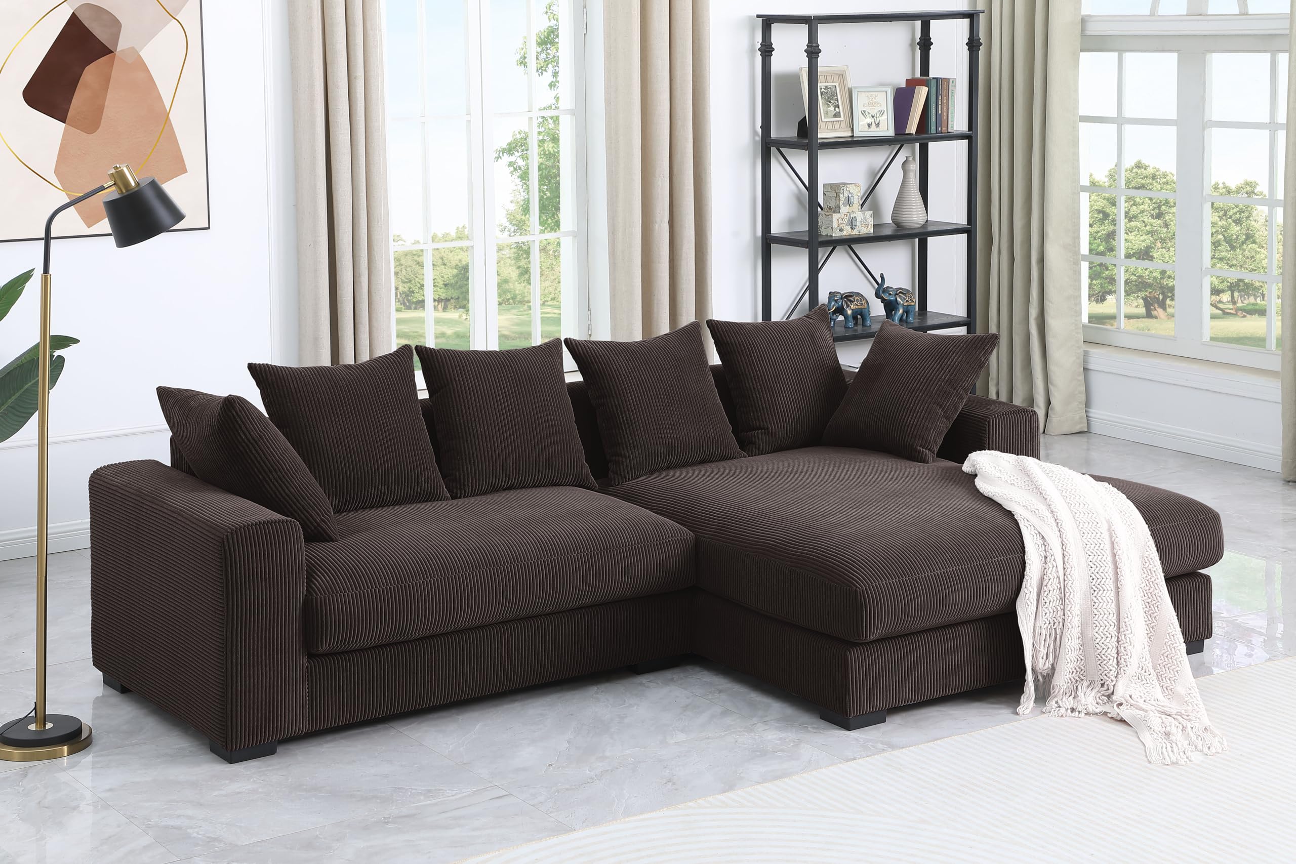 Acosure 110" Modern L-shaped Sectional Sofa with Big Chaise,Upholstered Sleeper Couch W/ 6 Throw Pillows & Generously Armrests,Easy Assembly,Spacious Loveseat for Living Room Apartment Home,Dark Brown