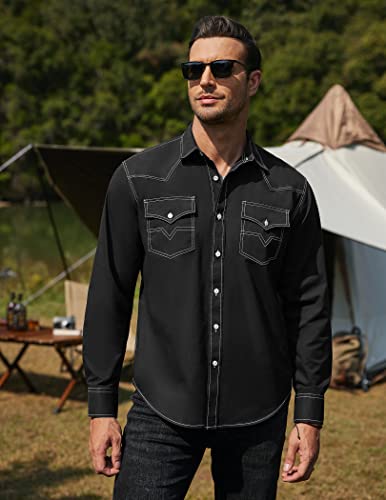 COOFANDY Mens Shirt Western Dress Long Sleeve Casual Cotton Button Down Denim Work, 01-Black, Large, Long Sleeve