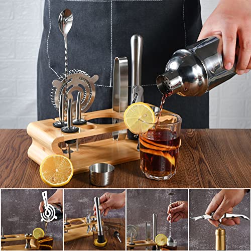 Esmula 12 Piece Bartender Kit with Bamboo Stand, 25oz Cocktail Shaker Set for Mixed Drink, Professional Bar Tool Set With Cocktail Recipes Booklet, Gift for Man Dad Friend (Silver)